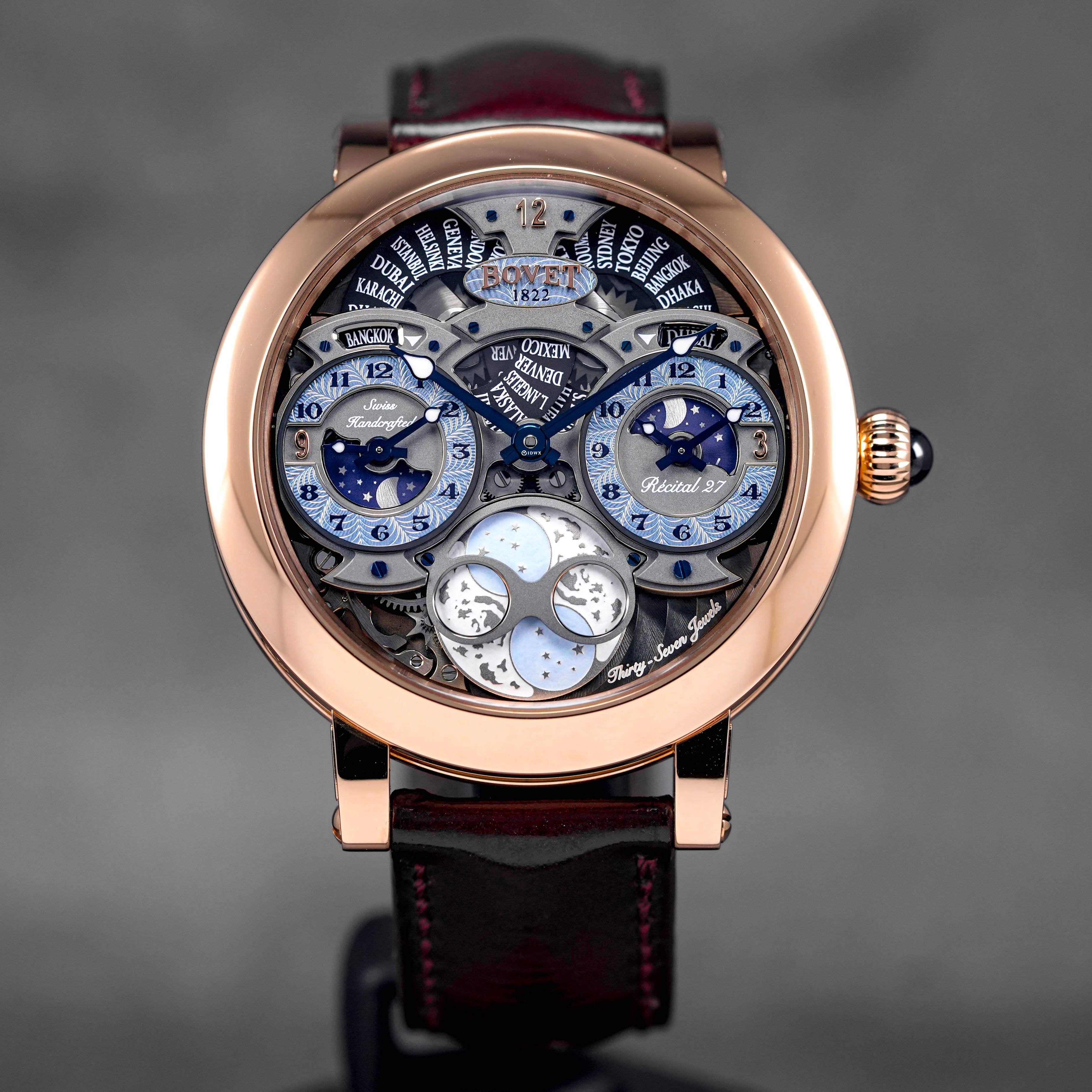 BOVET THE RECITAL 27 ROSEGOLD TRIPLE TIME ZONE MOON PHASES SKELETON ...