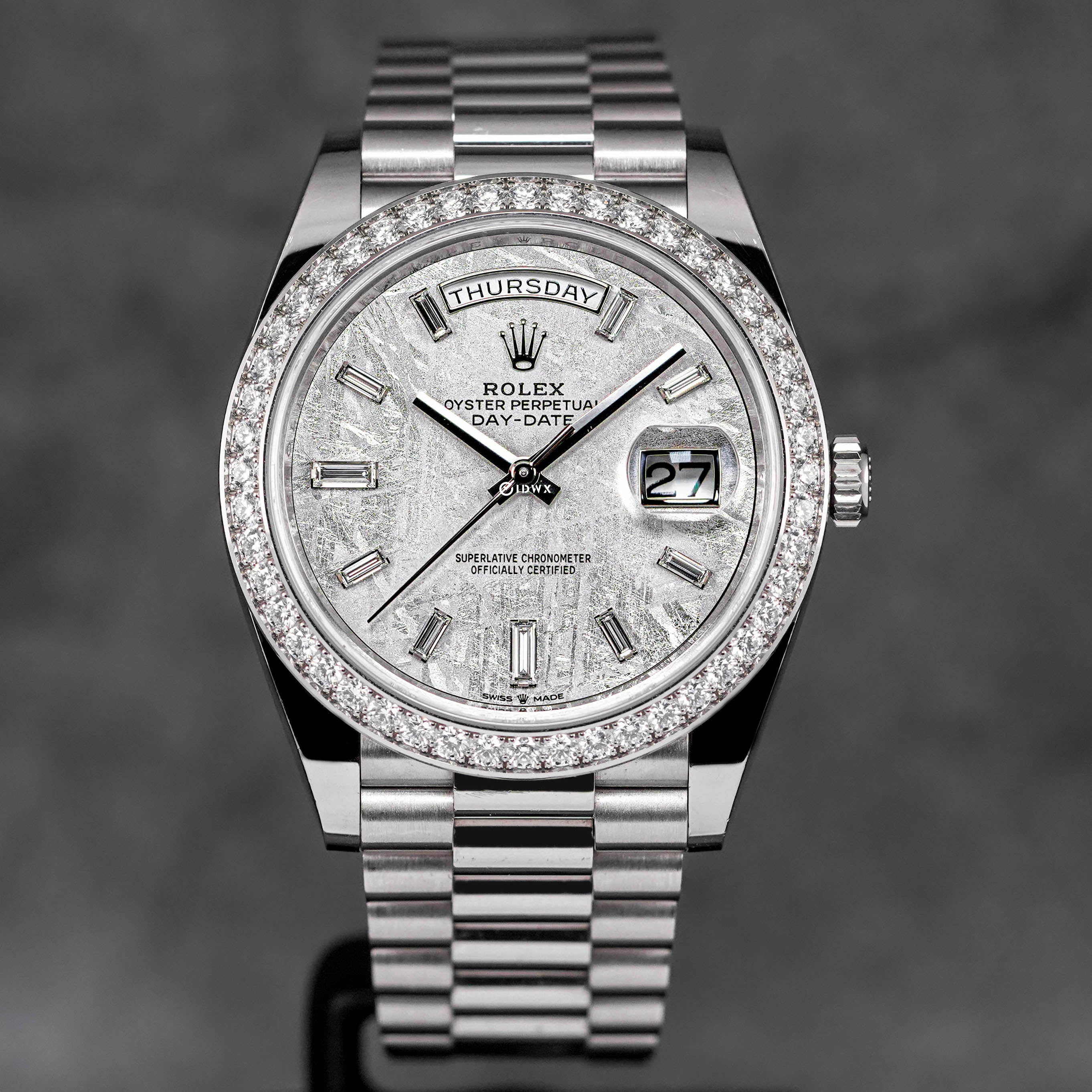 ROLEX DAYDATE 40MM WHITEGOLD METEORITE BAGUETTE DIAL DIAMOND RING (2021 ...