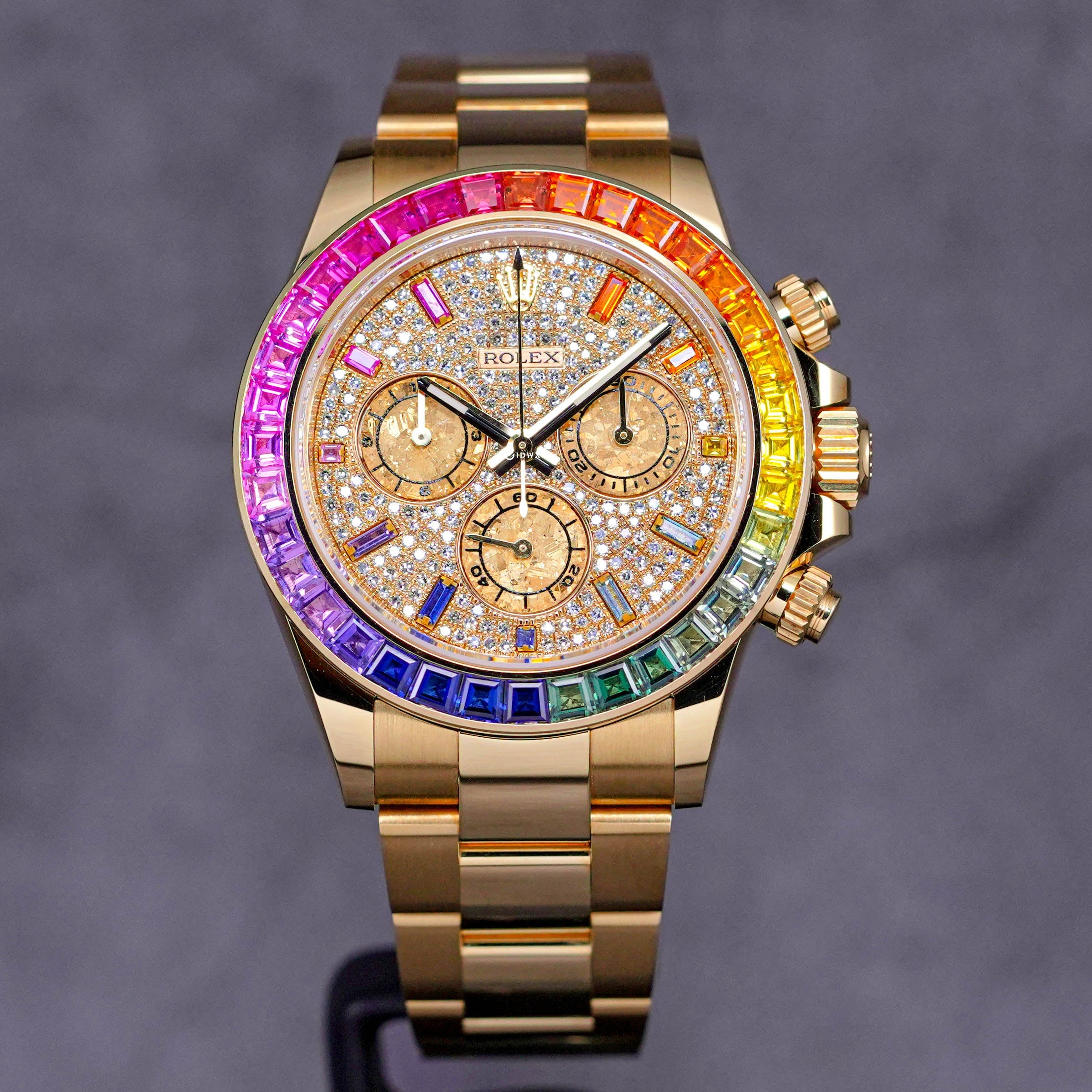ROLEX DAYTONA YELLOWGOLD BLACK DIAL CUSTOM RAINBOW BEZEL DIAMOND PAVED ...