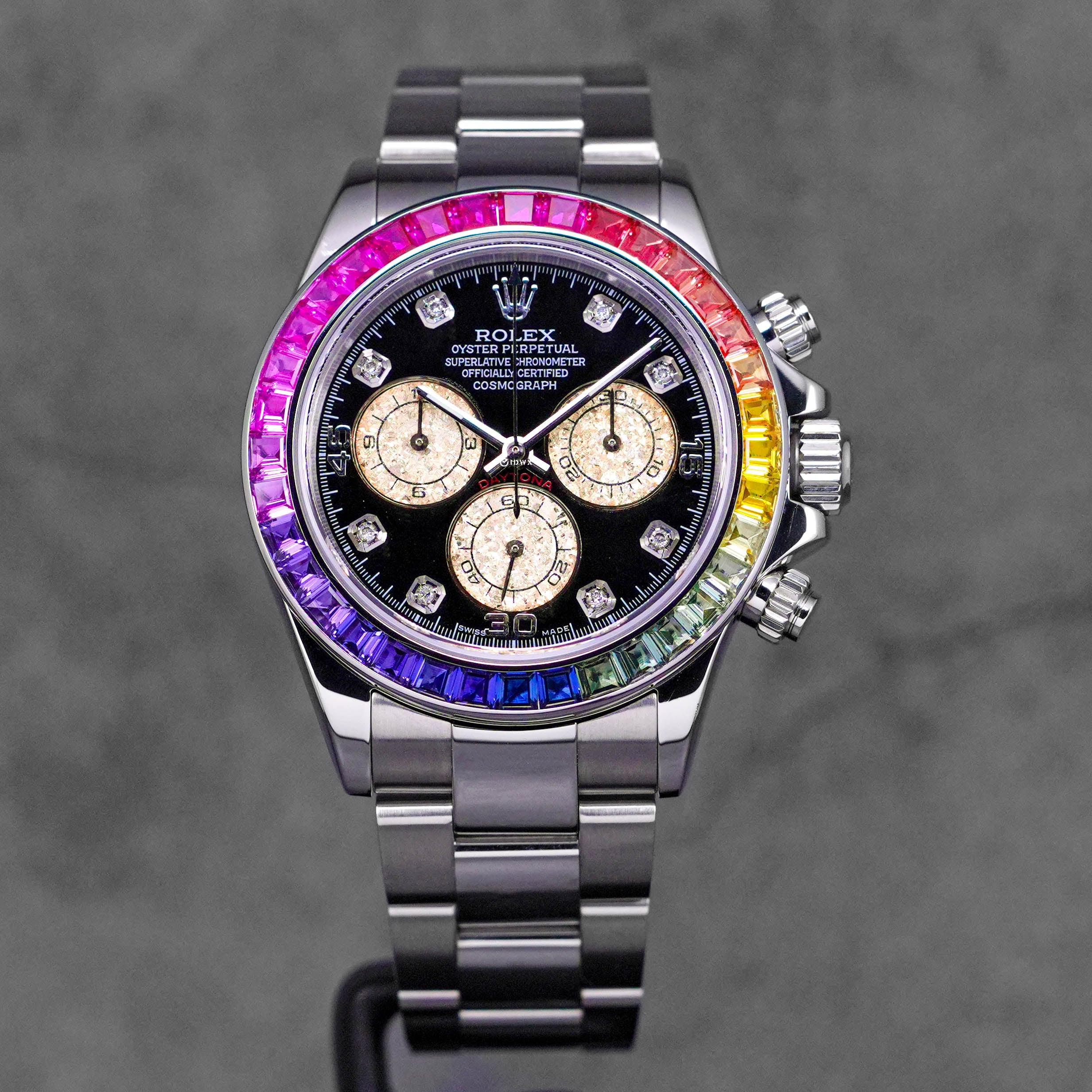 ROLEX DAYTONA STEEL BLACK DIAL CUSTOM RAINBOW BEZEL DIAMOND INDEX DIAL ...