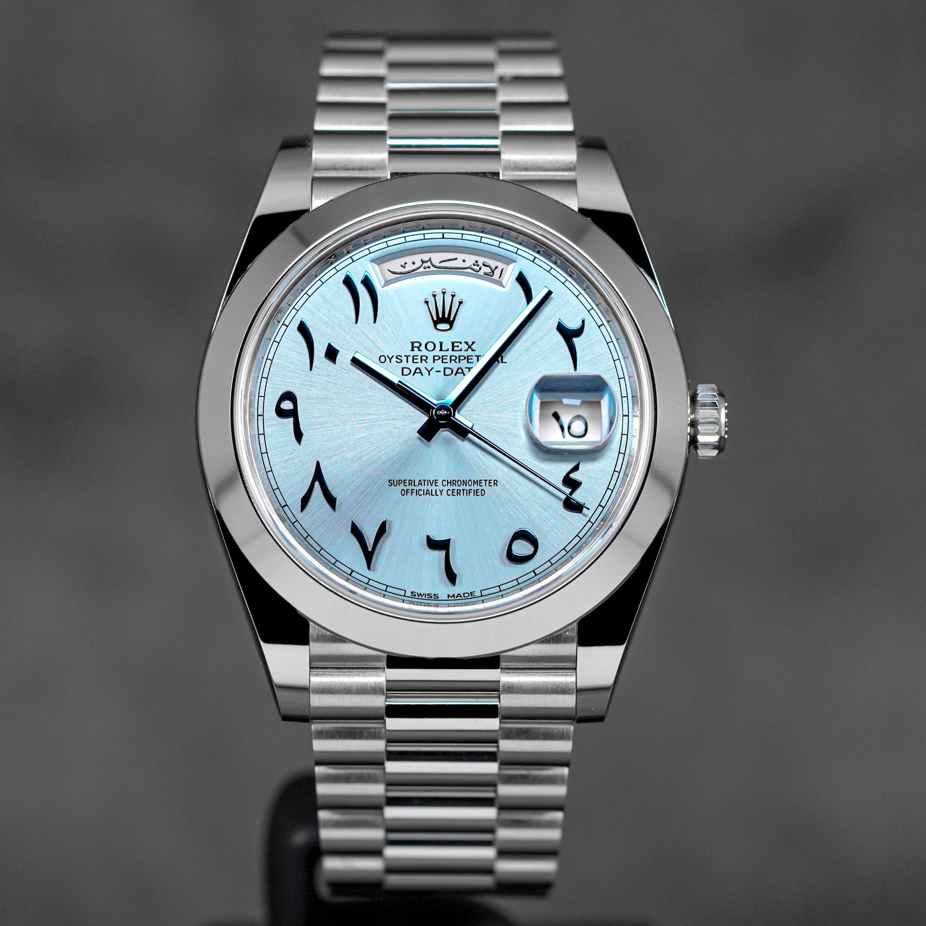 ROLEX DAYDATE 40MM PLATINUM ICE BLUE ARABIC DIAL (2019) - OMNILUXE