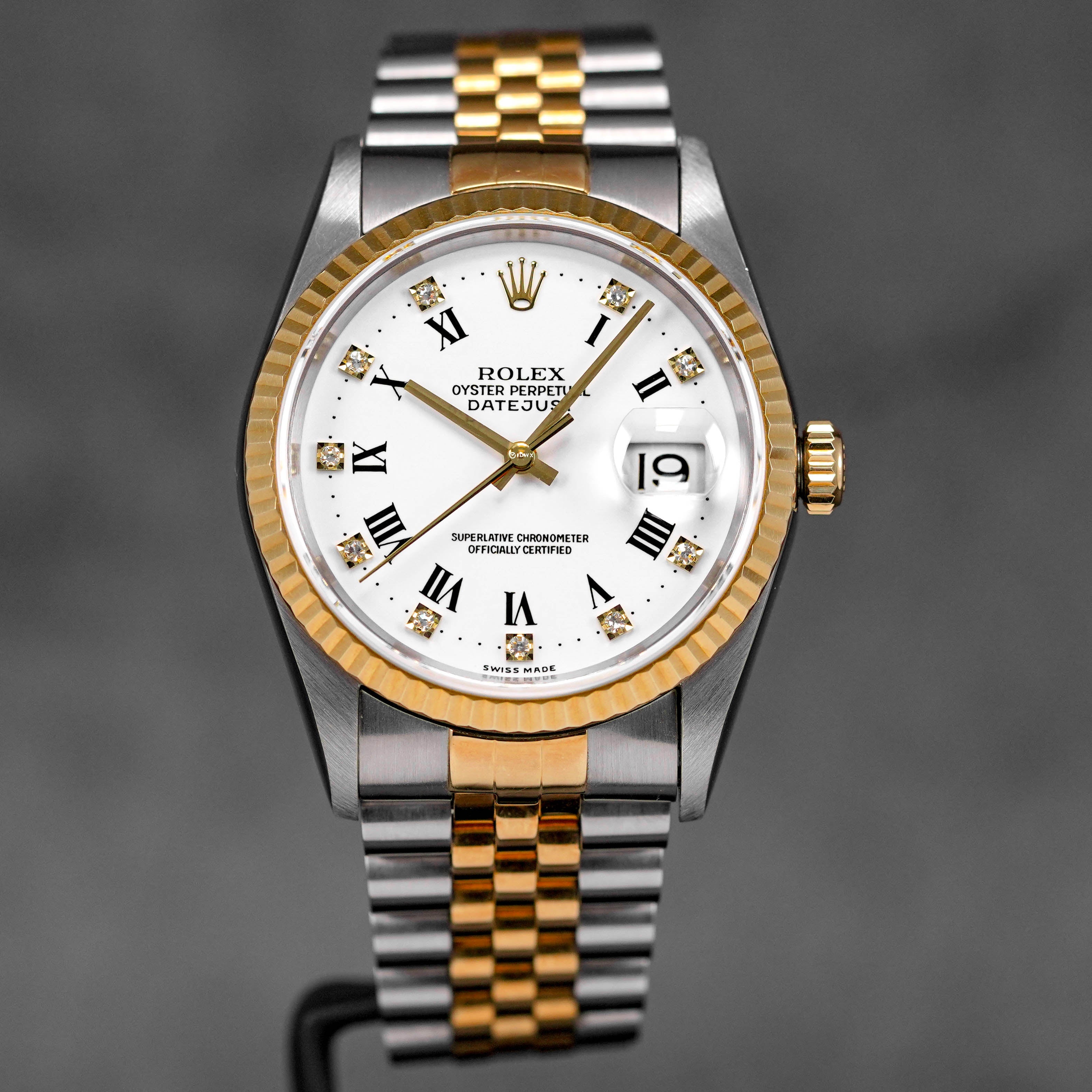 ROLEX DATEJUST 36MM TWOTONE YELLOWGOLD WHITE DIAMOND ROMAN DIAL (WATCH ...