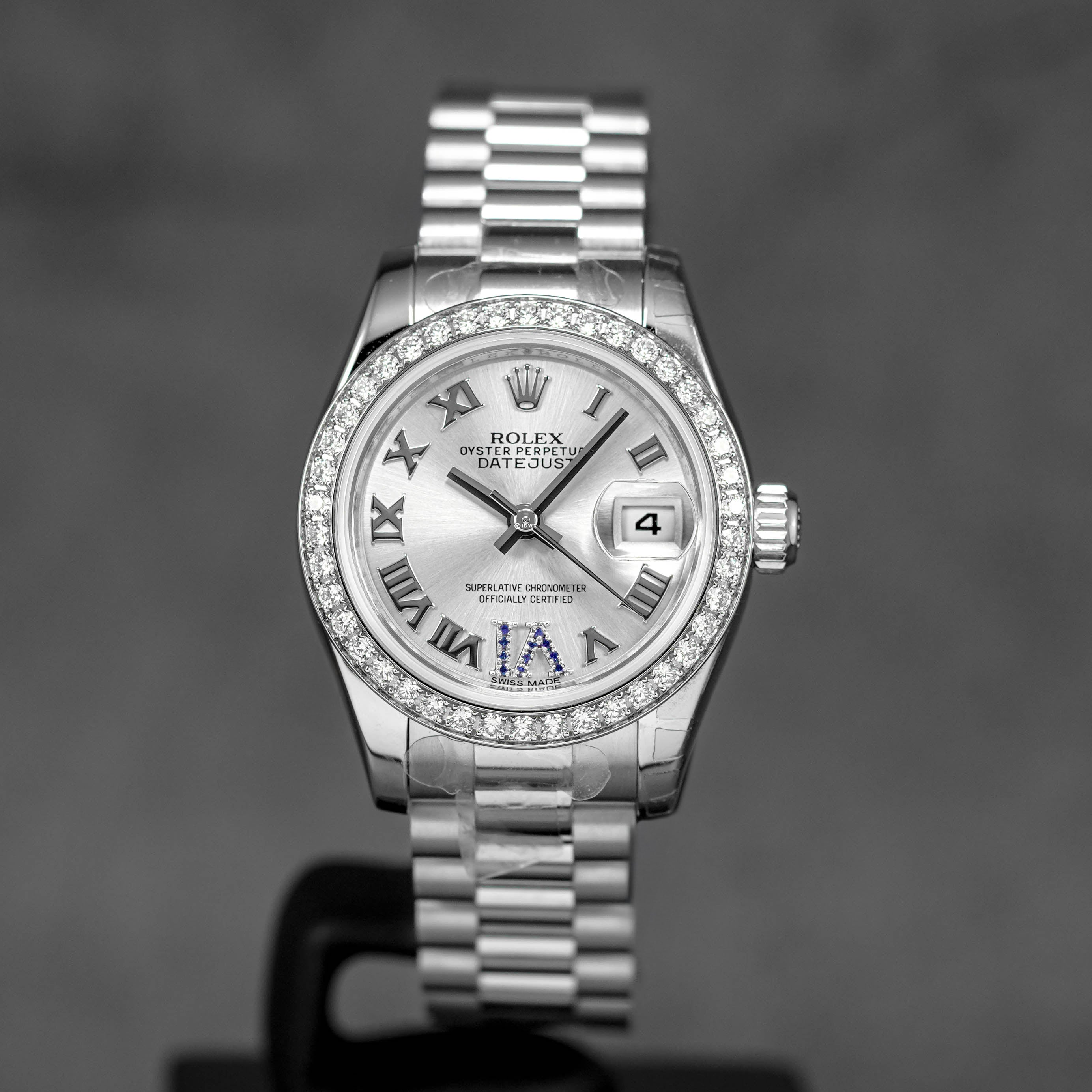 ROLEX DATEJUST 26MM PLATINUM SILVER ROMAN DIAL DIAMOND ON VI DIAMOND ...