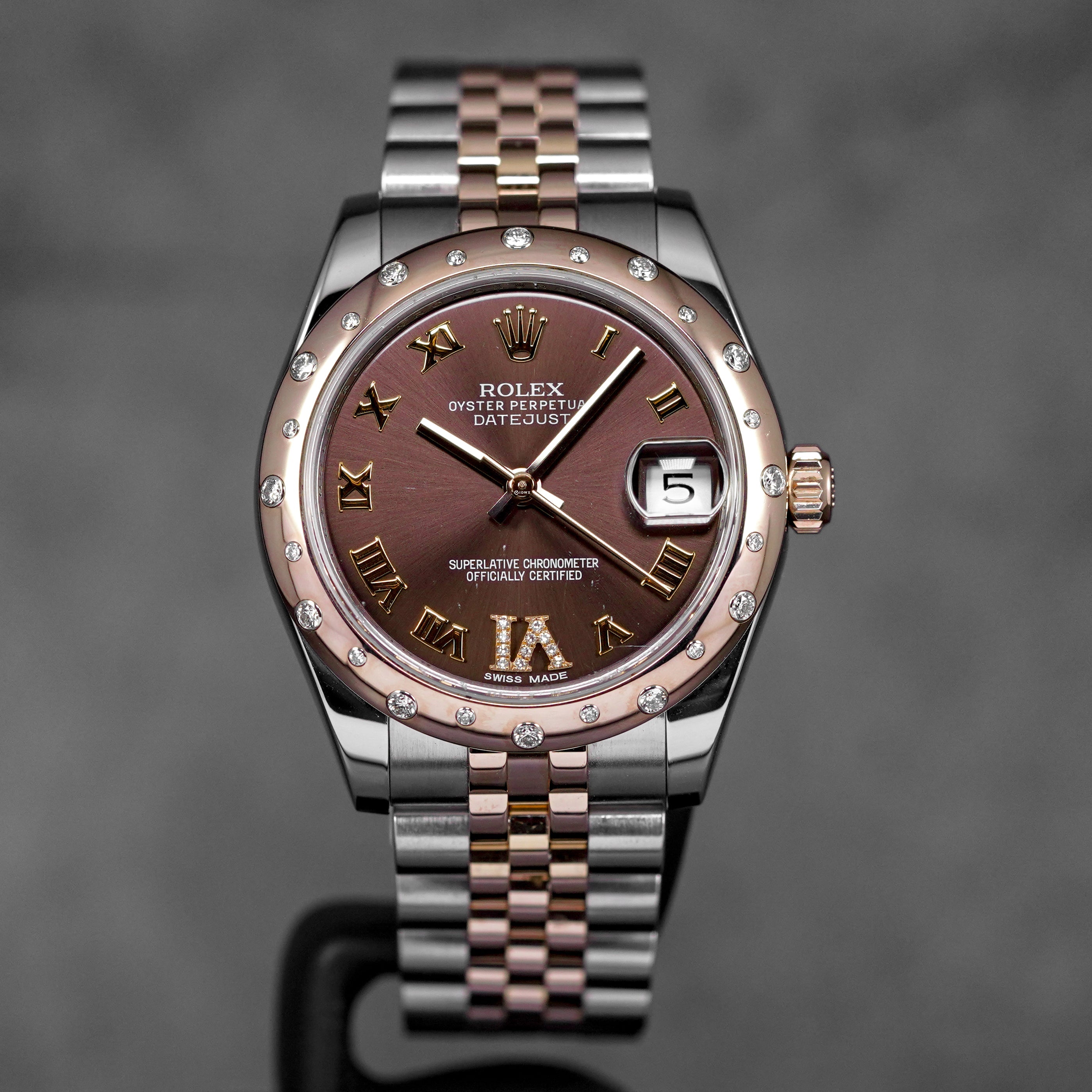 ROLEX DATEJUST 31MM TWOTONE ROSEGOLD CHOCO ROMAN DIAL DIAMOND ON VI ...