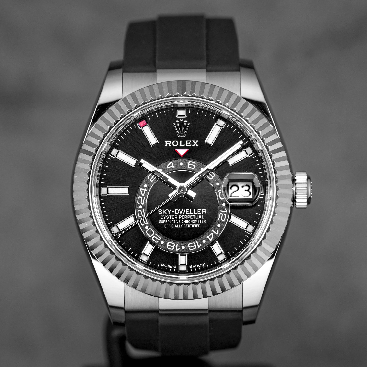 ROLEX SKY-DWELLER OYSTERFLEX WHITEGOLD BLACK DIAL (2024) - OMNILUXE