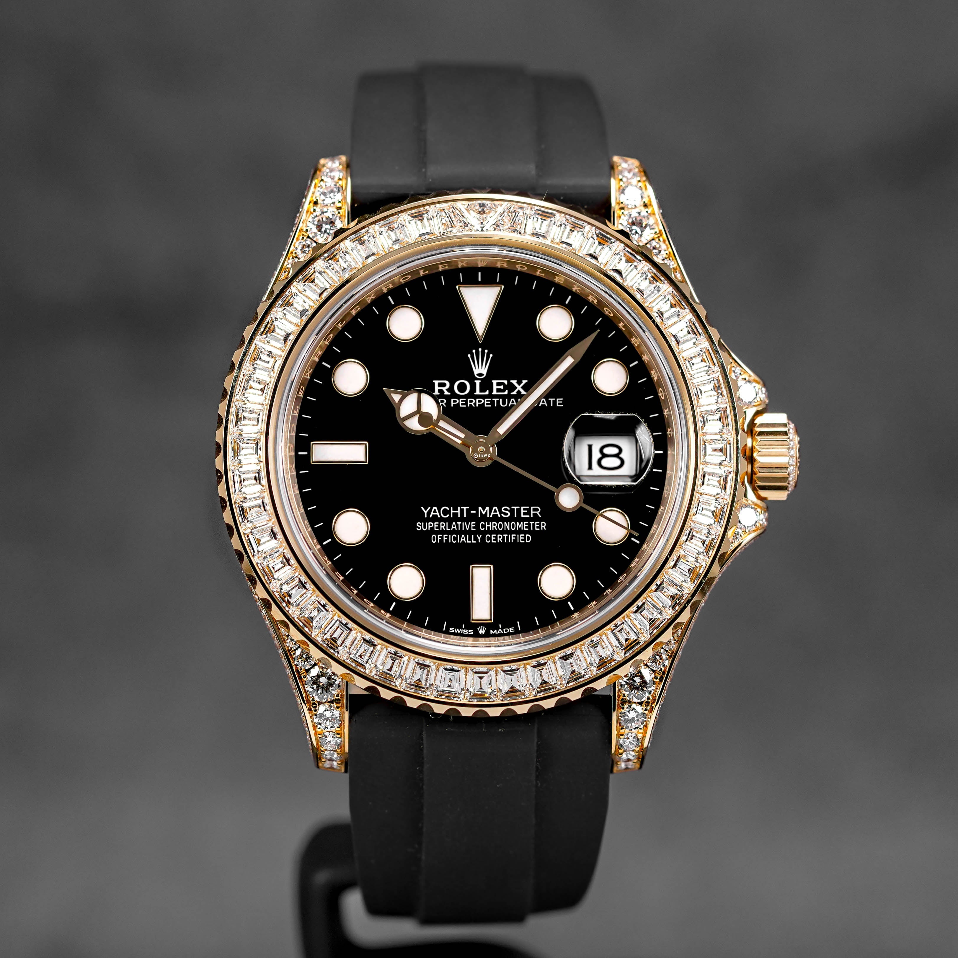 ROLEX YACHT-MASTER 42MM YELLOWGOLD OYSTERFLEX BLACK DIAL DIAMOND ...